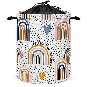 Laundry Hamper Hand Drawn Rainbow Hearts Fabric Storage Basket Round Collapsible Colorful Neon Dot Laundry Baskets with Drawstring Closure for Bedroom Living Room Bathroom