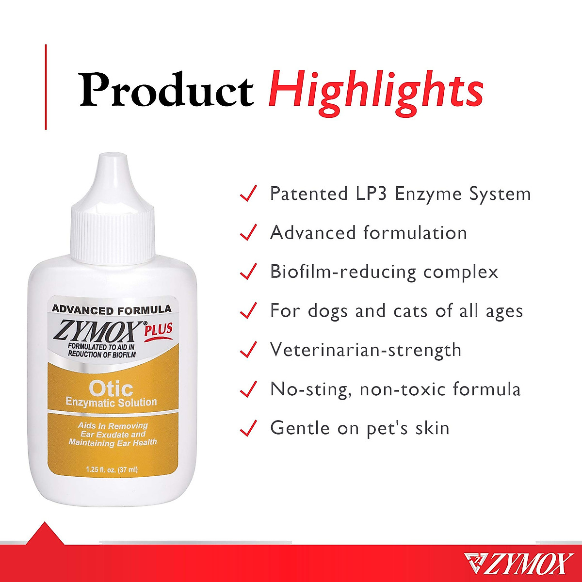 Zymox Advanced Formula Otic Plus Enzymatic Ear Solution for Dogs and Cats Without Hydrocortisone, 1.25oz