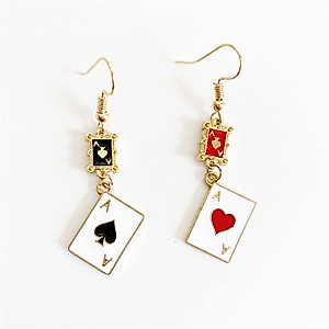 JIUIQL Unique Funny 18K Gold Plated Hypoallergenic Long Poker hearts and spades A Ace Playing Cards Dangle Drop Stud Earrings For Women Gambling Casino Jewelry Gift (Red Black)