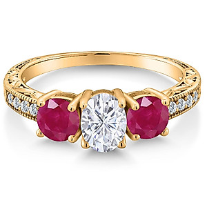 18K Yellow Gold Plated Silver 3-Stone Ring Forever Brilliant Oval 2.12cttw Moissanite by Charles & Colvard and Ruby (Size 6)