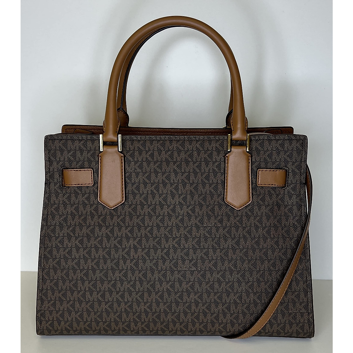 MICHAEL Michael Kors Hamilton MD Satchel bundled with Trifold Wallet and Purse Hook (Signature MK Brown)