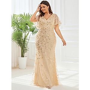 Ever-Pretty Women's V-Neck Sparkly Embroidery Formal Dresses Plus Size Sequin Mother of The Bride Dresses Gold US18