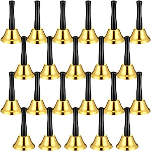 24 Pack Loud Hand Bell Metal Hand Held Bell for Adult Steel Dinner Call Service Wedding Bell with Black Wooden Handle Care for Home Pet Classroom School Church Alarm Food Decor (Gold,2.56'' Wide)