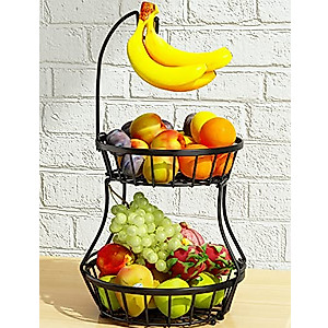 2-Tier Fruit Basket Bowl Stackable Vegetable Storage with Banana Tree Hanger Stand for Kitchen Countertop, Metal Wire Basket for Bread Onions Potatoes Black