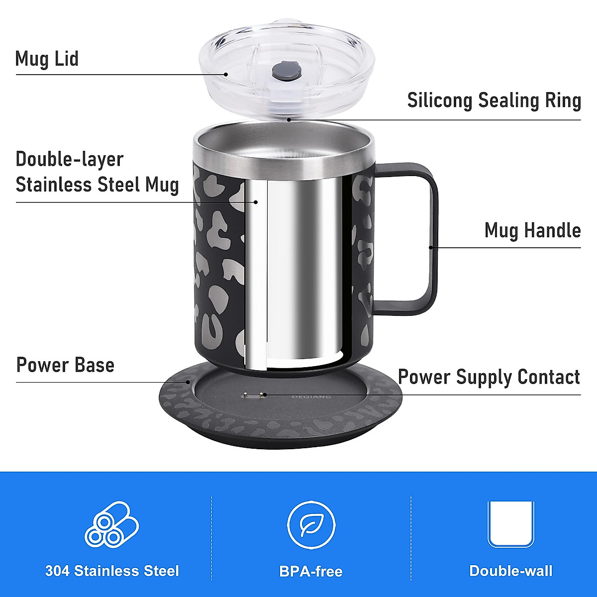 Coffee Mug Warmer with Cup Included,350ml/12oz Stainless Steel Heated Mug,Self-Heating Coffee Mug for Desk,131℉ Coffee Beverage Cup Warmer Set,Appreciation Gifts (Blue & Leopard Print)