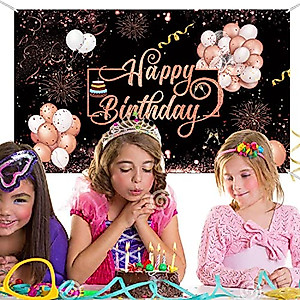 Rose Gold Happy Birthday Theme Fabric Sign Poster Banner Backdrop with Firework,Star,Balloons,Cakes Pattern for Brithday Photo Booth Background Party Decorations Supplies