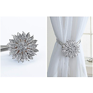 ManFull Curtain Tiebacks,Rhinestone Flower Magnetic Curtain Buckle Tieback Holdback Drape Holder Decor Curtain Holdbacks for Home/Office Window Sheer Drapes Tie Backs Holder Silver