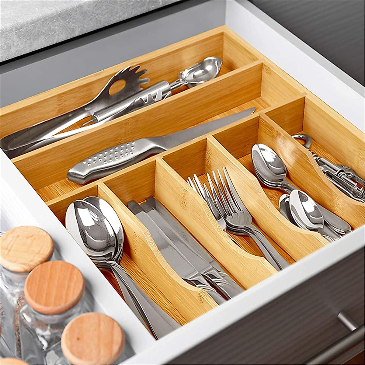 XIONGGG Kitchen Drawer Organizer Bamboo Cutlery Tray Utility Flatware Silverware Holder Utensil Drawer Divider with 7 Compartments