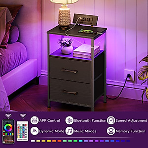 HOOBRO Nightstand with Charging Station, Bedside Table with LED Lights and 2 Fabric Drawers, End Table with Outlets and USB Ports, Small Night Stand for Bedroom, Black BB118UDBZ01