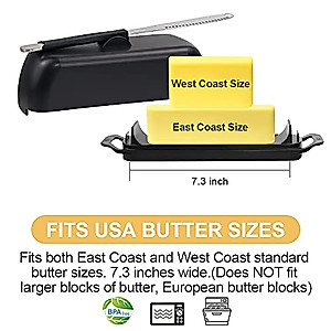 Butter Dish with Lid and Stainless Steel Knife, Light Butter Keeper, TBSP Cutting Measuring Lines Dishes, Easy Scoop, No Mess Lids, Perfect for East West Coast Butter (Black)