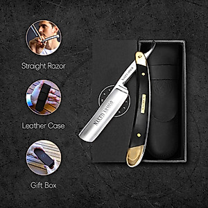 Gold Stainless Steel Straight Razor - Shave Ready Straight Edge Razor, Stainless Steel + Ebony Straight Razor for Men, Barber Approved Straight Razor, Mens Straight Razor, Leather Case, Close Shave