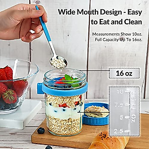 DRKIO 4 Pack Overnight Oats Containers with Lids and Spoons 16 Oz Glass Mason Jars for Overnight Oats Leak Proof Oatmeal Container Great for Cereal Fruit Vegetable Milk Salad Yogurt Meal Prep