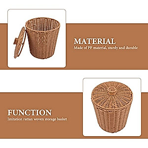 DOITOOL Wicker Storage Basket with Lid Round Rattan Storage Basket for Storage, Wicker Waste Basket for Bedroom, Bathroom, Offices Or Home ( 24x24cm ）