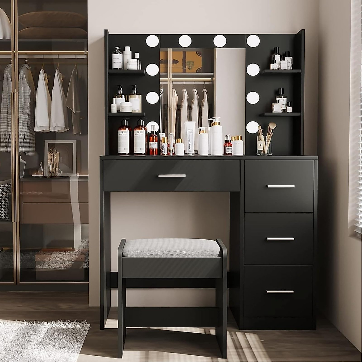 Irontar Vanity Desk, Makeup Vanity with 10 LED Lights and 4 Drawers, Brightness Adjustable, Dressing Table with 6 Shelves, Vanity Table for Women, Black WDT003B