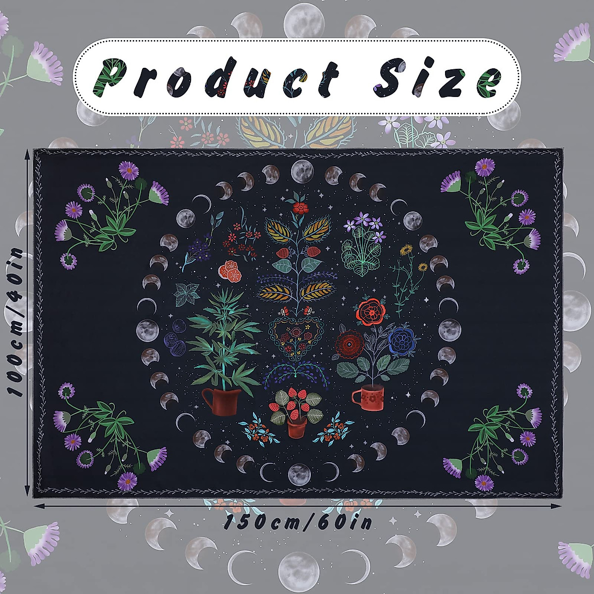 Botanical Moon phase Tapestry,Floral Plants Tapestry Wall Hanging Decor Moonlit Garden Wall Hanging Decor Mysterious Tapestry present Art Wall Hanging for Home Decor, 39.4 x 59.1 Inches