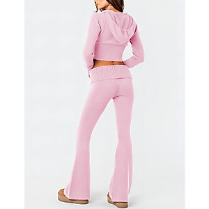 Springrain Women Sweater Sets 2 Piece Lounge Sets Ribbed Zip Hoodie Knitted Outfits(Pink-S)