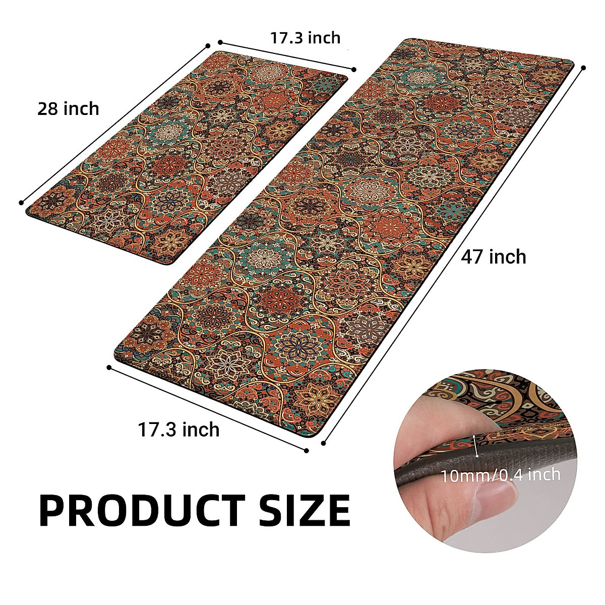 Boho Kitchen Rugs and Mats Sets 2 Cushioned Anti-Fatigue Kitchen Floor Mat Bohemian Retro Style PVC Non-Skid Waterproof Comfort Standing Memory Foam Mat for Sink, Laundry ,17.3" x28" + 17.3" x 47