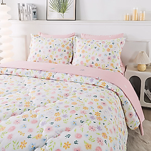 Wajade Floral Comforter Set Bed in A Bag Full Size 7 Piece Botanical Flower Green Leaves Rabbits Bedding Set for Girls (1 Comforter, 1 Flat Sheet, 1 Fitted Sheet, 2 Pillowcase and 2 Pillow Sham)