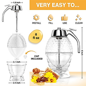Honey Dispenser No Drip Glass, Maple Syrup Dispenser, Honey Jar with Stand, 8 oz Beautiful Honey Comb Shaped Honey Pot, Perfect Bee Decoration for Home Kitchen