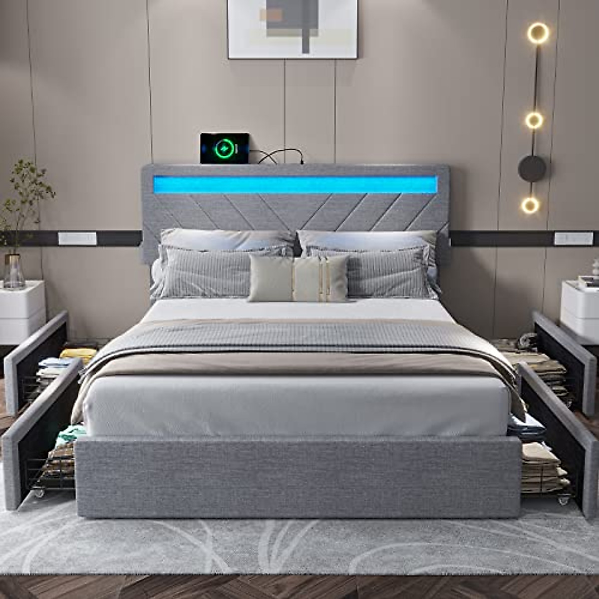 ADORNEVE LED Full Size Bed Frame with Storage Drawers, Upholstered Platform Bed Frame Full with LED Lights and Charging Station, Sturdy Wooden Slats Support, No Box Spring Needed, Light Grey