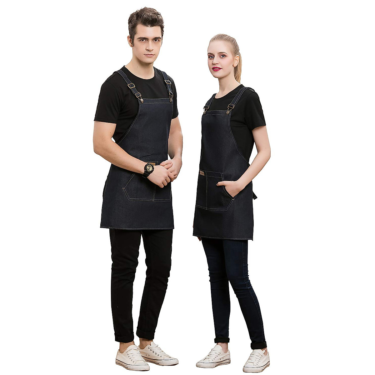 Denim Cross-Back Chef Bib Apron with Pockets for Men and Women (Black)