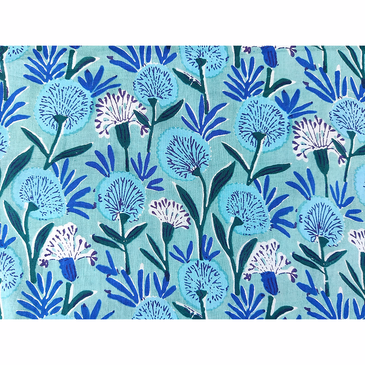 Craftbot Hand Block Print Fabric by The Yard - PRECUT 1 Yard 42 Inch Width - 100% Cotton Material - Aqua and Blue Floral Pattern - Light Weight Indian Cloth for Making Summer Dress Tops Project etc