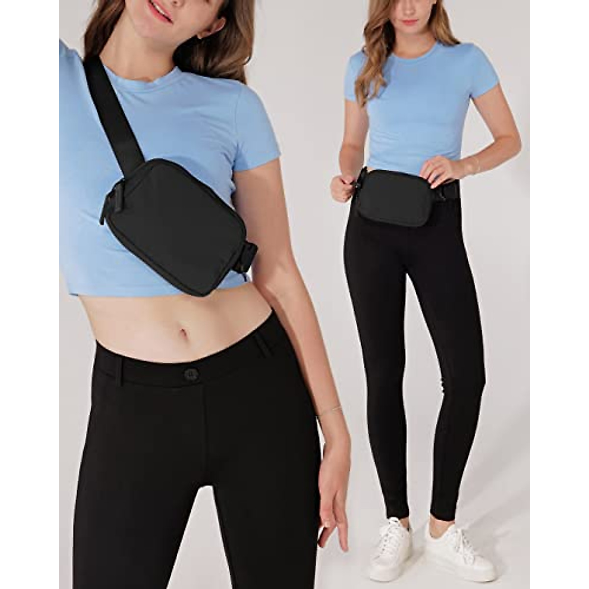 AslabCrew 2-Way Zipper Unisex Belt Bag with Adjustable Strap Fanny Packs Mini Waist Pouch for Outdoor Hiking Running Travel, Black