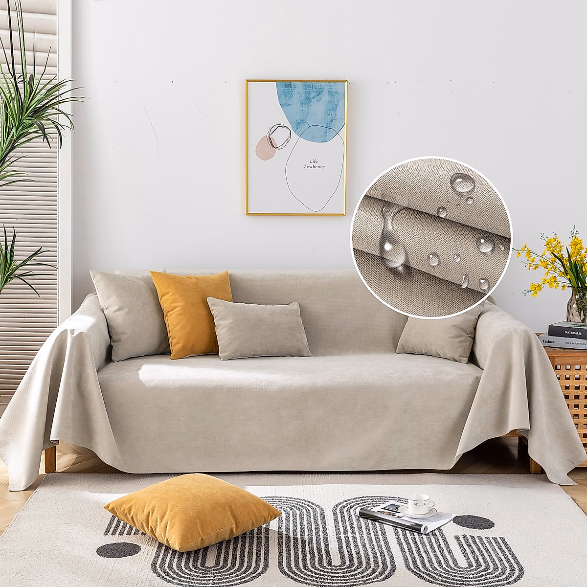 STACYPIK Waterproof Beige Sofa Cushion Covers Dog Couch Cover for 3-4 Cushion Couch Water Resistant Slipcover Furniture Protector Non-Slip Pet Protector Cover Leak Proof Couch Cover-71X134IN