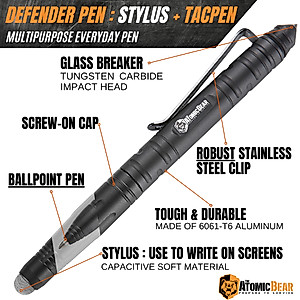 The Atomic Bear Defender Pen with Stylus - Tactical Pen for Self Defense – Emergency Window Breaker – Ballpoint EDC Pens for Tactical Gear – 2 Black & 1 Blue Ink Cartridges