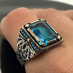 Men Aquamarine Stone Ring, Blue Stone Ring, Vintage Men Ring, Turkısh Ottoman Men Ring, 925k Sterling Silver Ring,