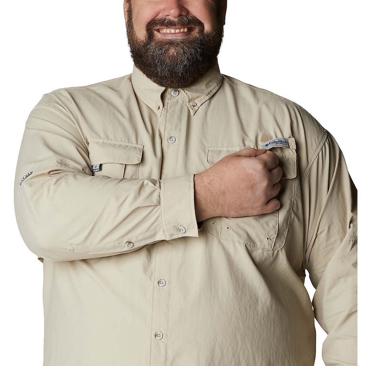 Columbia Men's PFG Bahama II Long Sleeve Shirt, Breathable, UV Protection, Fossil/Realtree Edge, Large