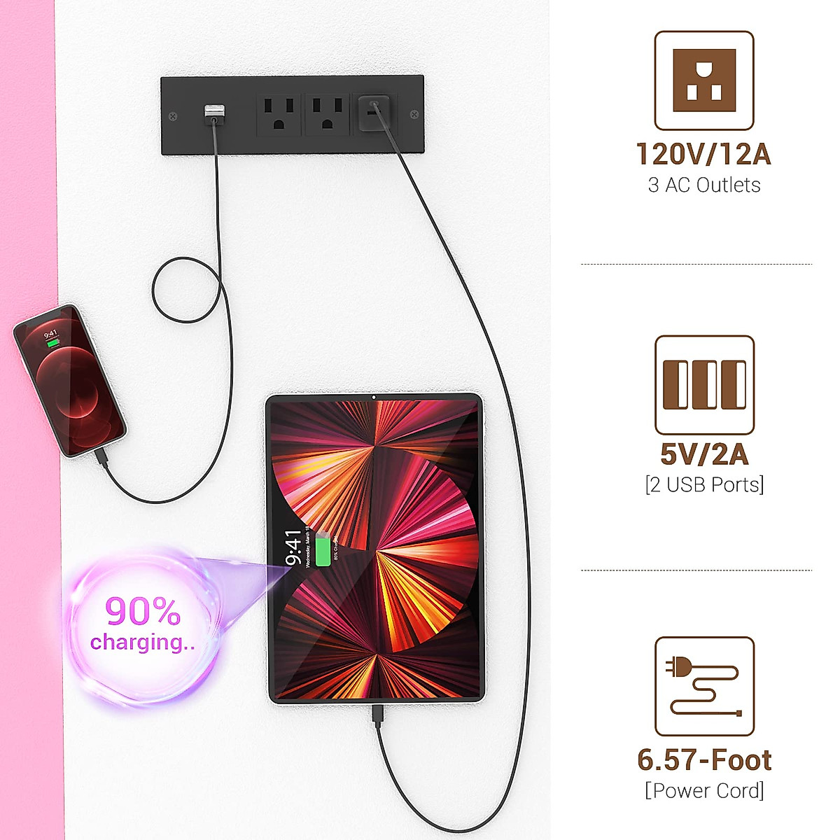 armocity Computer Desk with LED, Gaming Desk with Outlets, 40 Reversible Laptop Table with Monitor Stand, Small Desk for Small Spaces, Pink