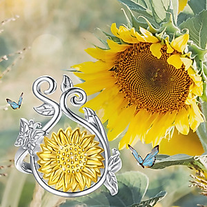 Sunflower Ring for Women S925 Sterling Silver You Are My Sunshine Positive Meaning Sunflower Jewelry Gifts for Mom Wife Daughter Sister