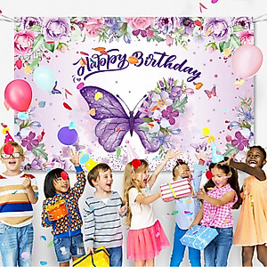 Butterfly Happy Birthday Backdrop, Purple Butterfly Decorations Banner for Girl Women Floral Butterfly Backdrop for Baby Shower Fairy Birthday Decorations, Spring Butterfly Birthday Party Supplies
