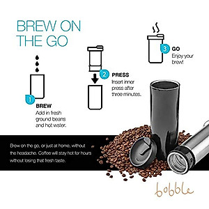 bobble French Coffee Presse, On-The-Go use, Quick Brew, Slim Design, Triple Wall Insulation, 14 oz (Black)