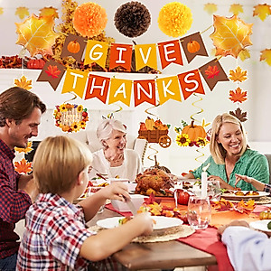 Ouddy Life Thanksgiving Party Decorations, Thanksgiving Hanging Decoration Include Give Thanks Banner Maple Leaves Garland Balloon Paper Pom for Thanksgiving Fall Home Classroom Indoor Office Supplies