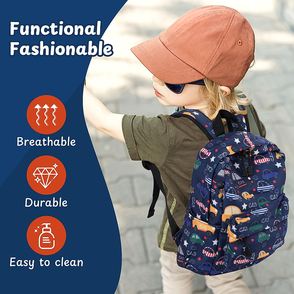 Zicac Children's Cute Canvas Backpack Toddler Backpack (M, Blue Car)