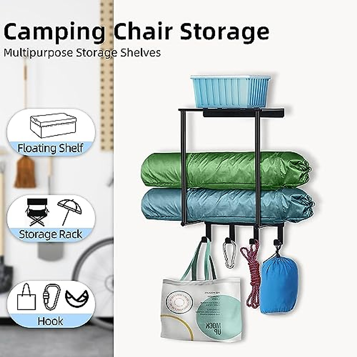 Camping Chair Storage, Metal Camping Chair Holder for Garage with 4 Hooks, Beach Chair and Umbrella Wall Storage Rack, Black