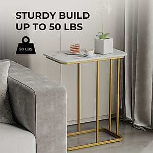 C Shaped Side Table, Small End Table, Modern Simplicity Waterproof Marble Pattern Coffee Table with Steel Frame for Living Room, Bedroom (White)