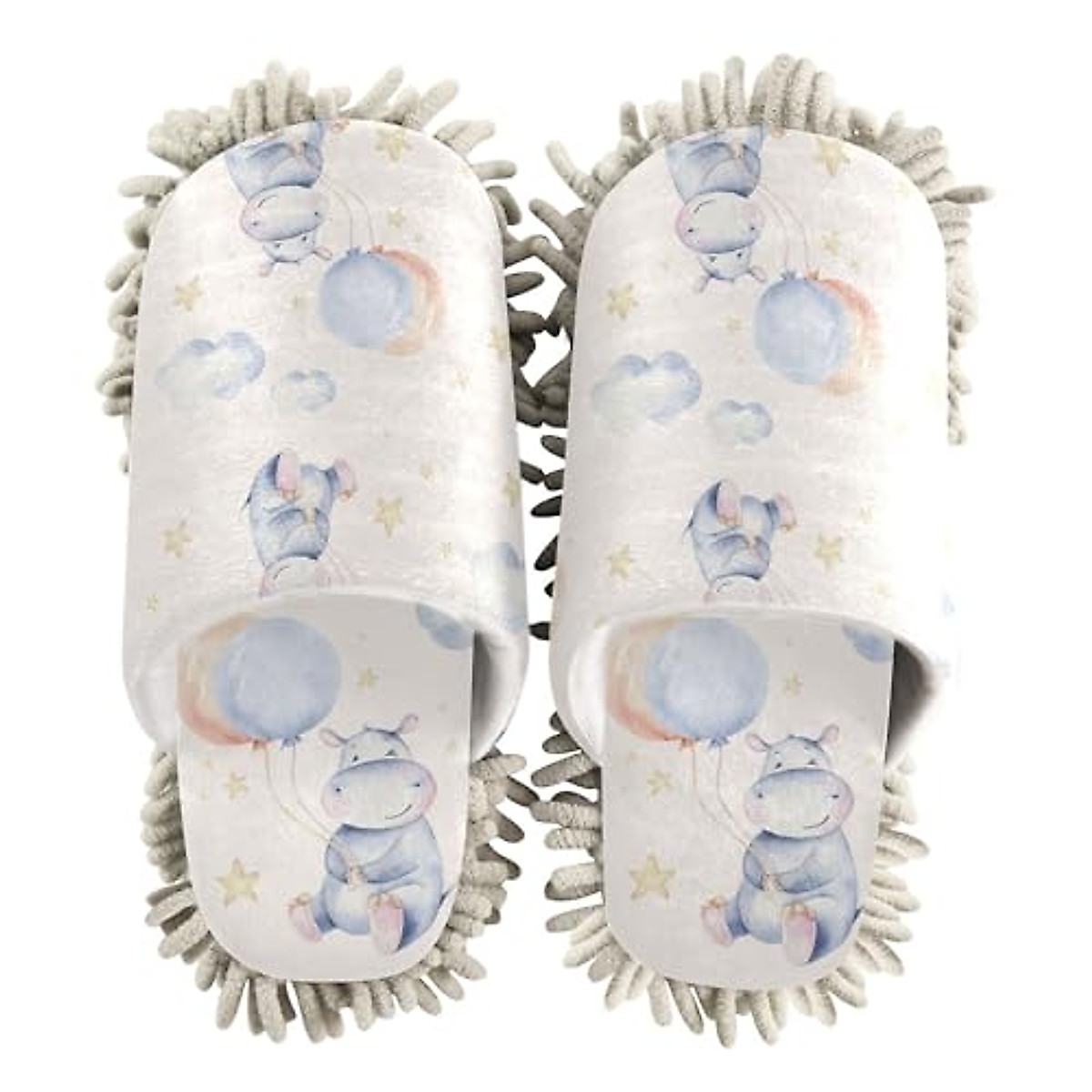 FLildon Microfiber Cleaning Slippers Cloudy Hippo Washable Mop Shoes Slipper for Men/Women House Floor Dust Cleaner, Size L