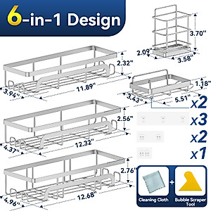 YASONIC Adhesive Shower Caddy, 6 Pack Shower Organizer with Soap Holder - No Drilling, Rustproof Shower Shelves, Shower Organizers and Storage for Inside Shower, Silver