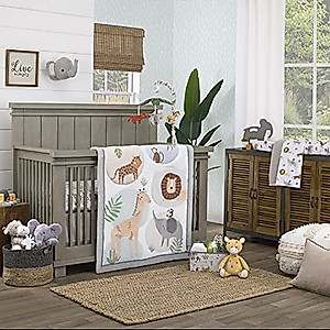 NoJo Jungle Trails Grey, Gold, Green, and White Super Soft Animal Print Sherpa Backed Baby Blanket