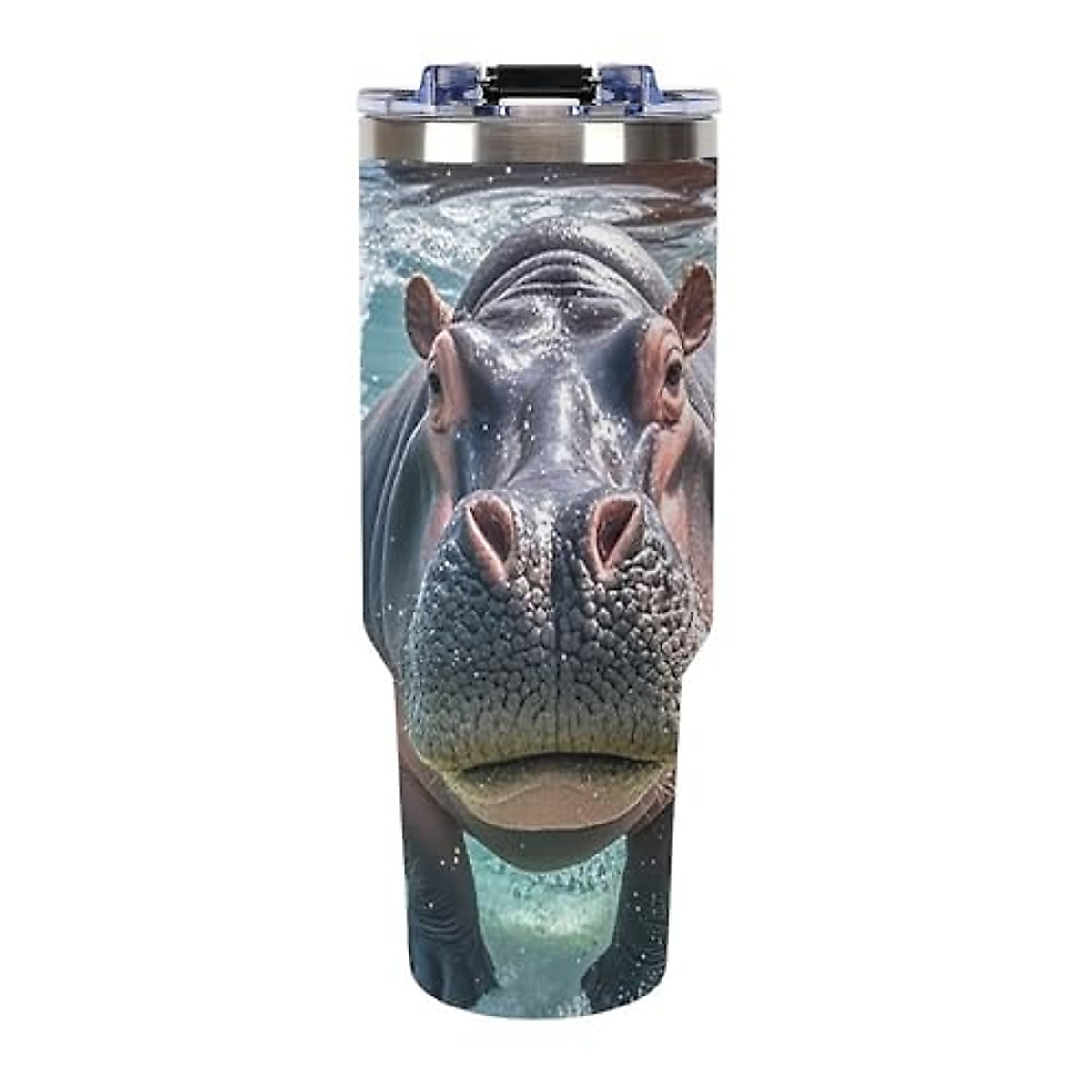 FHECVBN White 40 Oz Insulated Tumbler with Handle Diving Hippo Printed Leakproof Water Bottle Coffee Mug Car Cup for Gym Outdoors Commute Work