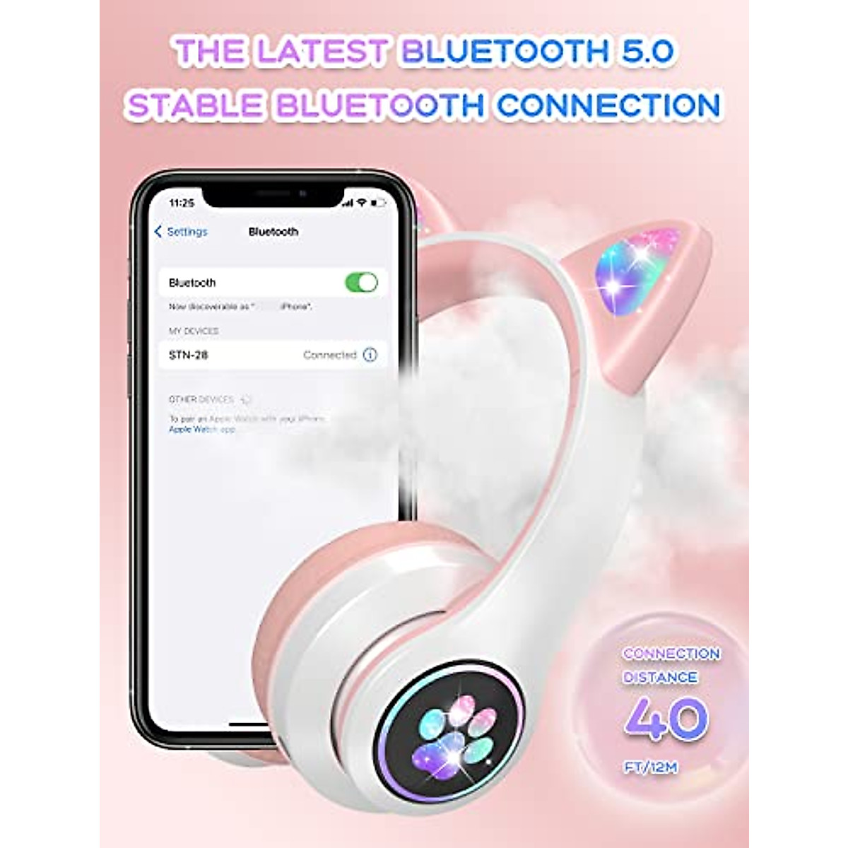 VuyKoo Kids Headphones with Microphone/RGB LED Light Up, Cat Ear Bluetooth Headphones 94dB Volume Limiting, Foldable Stereo Over-Ear Headphones for Kids Tablet/School/iPad/Smartphone (Pink)