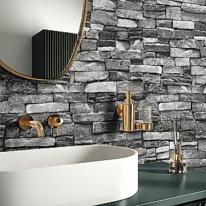 lenify Brick Wallpaper Peel and Stick Stone Wallpaper 17.7inch x 118.1inch Grey Stone Brick Paper Faux Stone Peel and Stick Wallpaper Grey Brick Self Adhesie Paper Modern Decorative Waterproof Vinyl