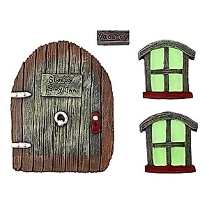 Cornucopia Fairy Garden Door and Windows Set (4-Piece Set); for Trees, Yard Art, Ornaments, and Sculptures