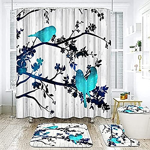 ArtKissMore Bird Tree Shower Curtain Set with Non-Slip Rugs Toilet Lid Cover and Bath Mat Flower Tree and Birds Animal Print Design Bathroom Curtains Fabric Decor with 12 Hooks