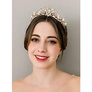 SWEETV Jeweled Wedding Tiaras and Crowns for Women, Metal Princess Tiara Queen Crown for Bride, Bridal Headpieces for Birthday Quinceanera Pageant Prom, Gold