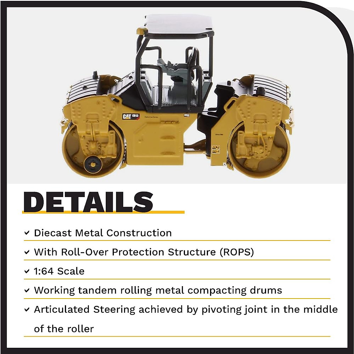 1:64 Scale Caterpillar CB-13 Tandem Vibratory Roller with ROPS - Construction Metal Series by Diecast Masters - 85630- Authentic Cat Trade Dress and Paint - Made of Diecast Metal with Plastic Parts