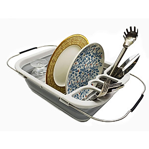 SAMMART Expandable & Collapsible Dish Drainer - Foldable Drying Rack Set - Portable Dinnerware Organizer - Space Saving Kitchen Storage Tray (1, Grey)